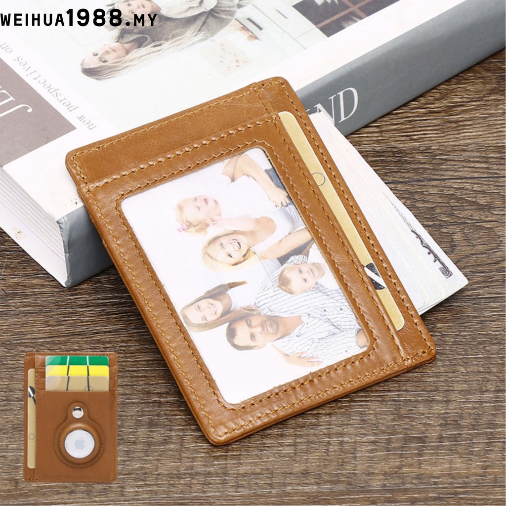 Anti-Lost 100% Cow Leather Credit Card Holder RFID Blocking Card Wallets with Airtag Pocket ...