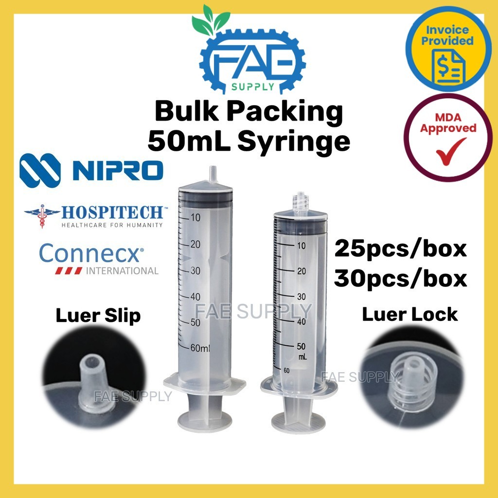 Syringe Picagari Luer Lock Luer Slip MDA 50 mL CC box packing bulk NIPRO HOSPITECH CONNECX ...