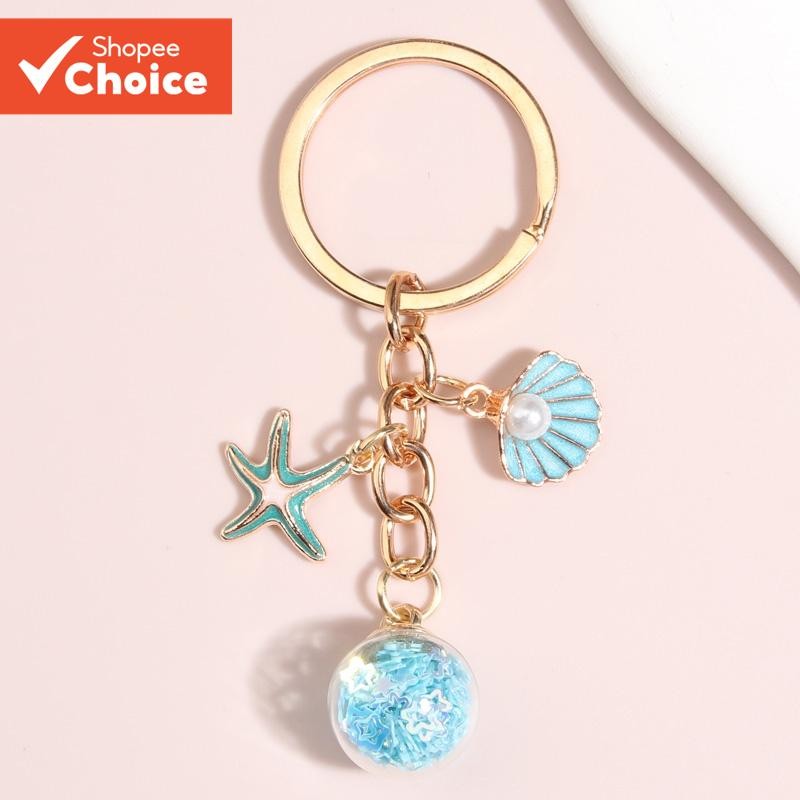 New Cute Enamel Keychain Shell Starfish Key Ring Pentagram Glass Beads ...