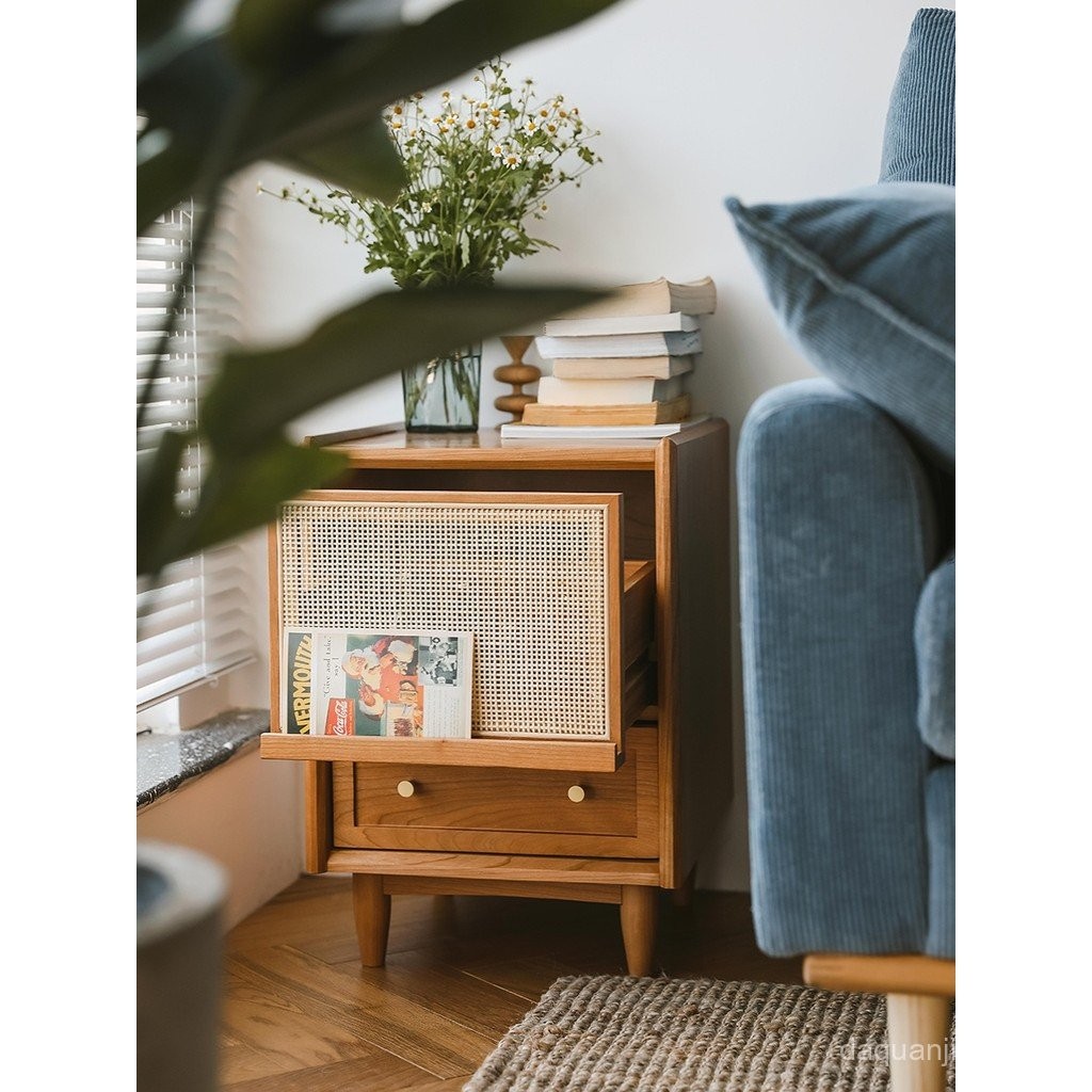 Japanese Style Solid Wood Bedside Table Nordic Rattan Locker Simple ...