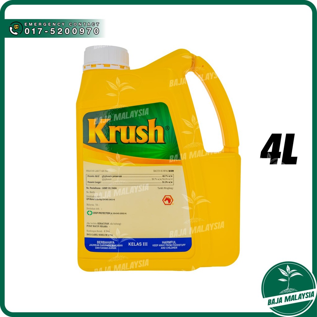 KRUSH 4 Liter Glyphosate-Potassium 48.7% Herbicide Grass Killer Racun ...