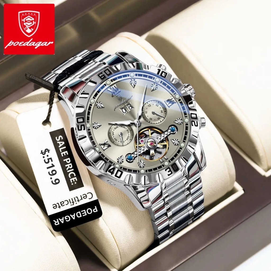 Poedagar Top Luxury Men's Date Automatic Week Men's Watch Hollow ...