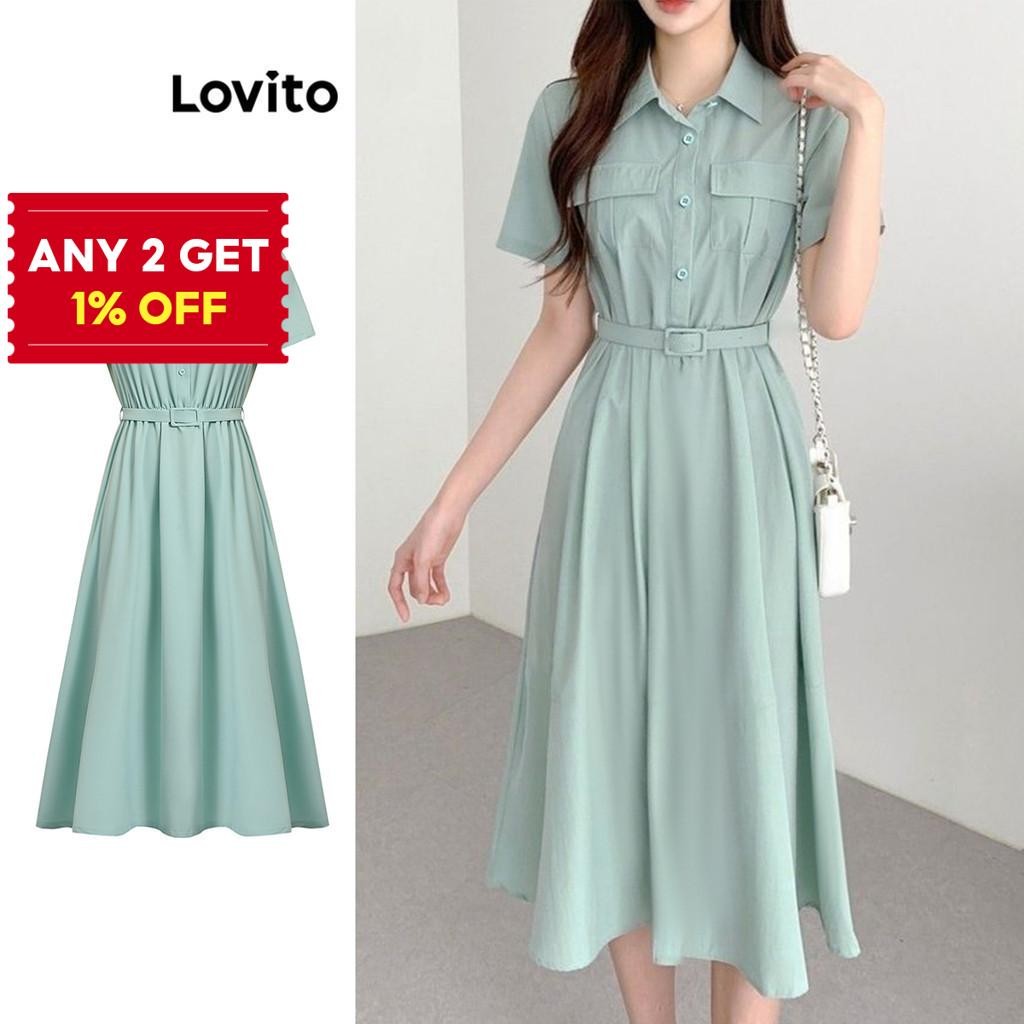 Lovito Casual Dress Pocket Button Summer/Spring Belted Dress for Women ...