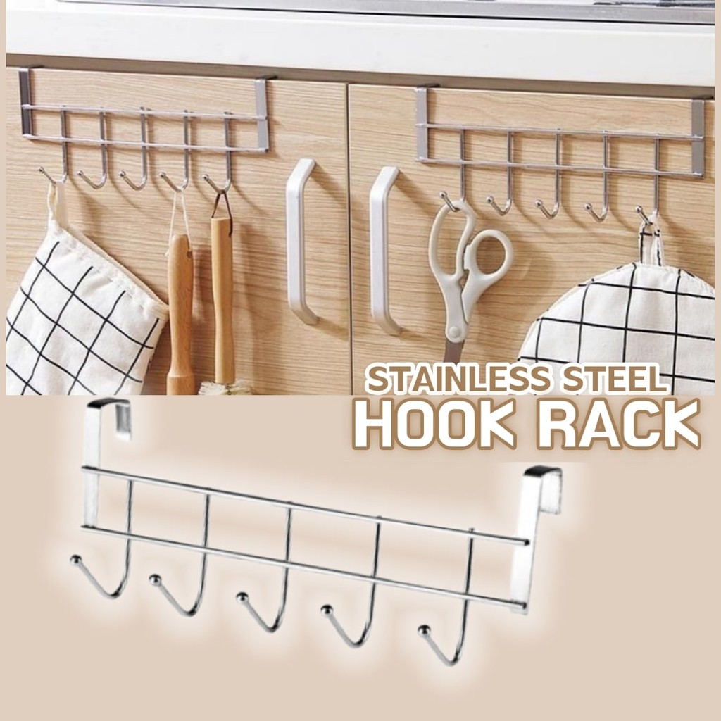 Stainless Steel 5 Hooks Organizer Rack Cabinet Hook Heavy Duty Over The ...
