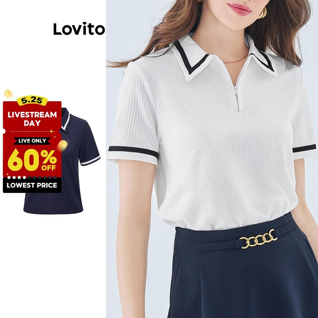 Lovito Elegant Plain Contrast Binding Collar Short Sleeves T-Shirts for ...