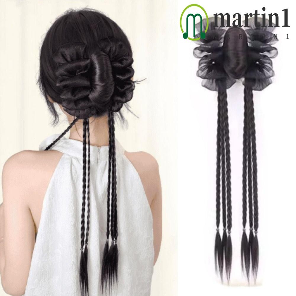 MARTIN1 Flower Bun Head Wig, Boxing Braided Black Lace Chignon Pony ...