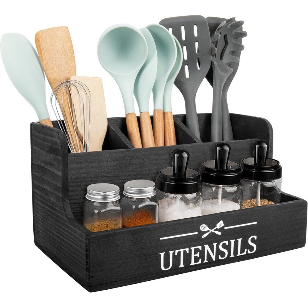 RedCall Extra Large Kitchen Utensils Holder 4 Compartments,Wood Utensil ...