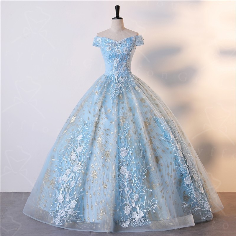 Blue Coming of Age Princess Lace Fluffy Sequin Prom Wedding Dress ...