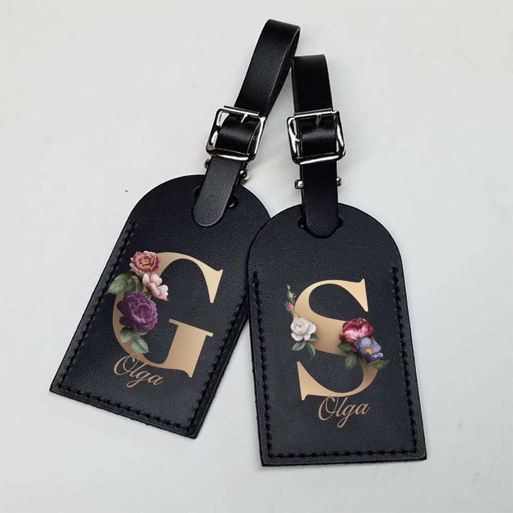 Initial Leather Luggage Tag Suitcase Identifier Label Baggage Personalised with Name Boarding ...