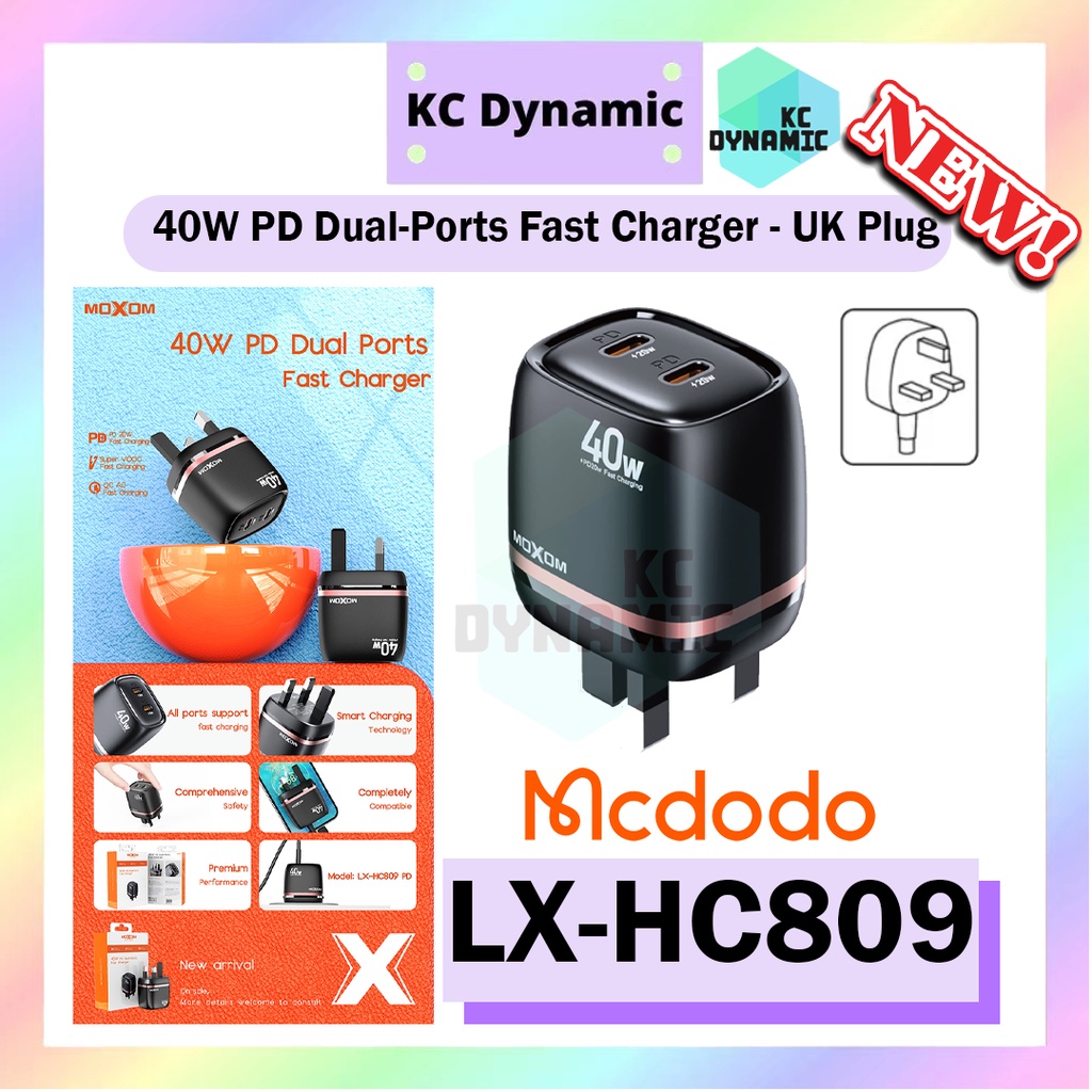 Moxom LX-HC809 Total 40W PD Dual Port Fast Charger Type-C Port Charger ...