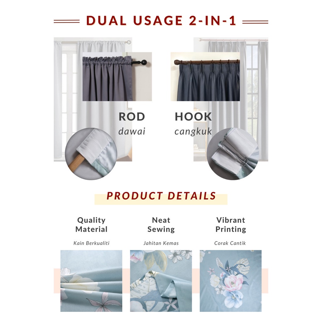 TEOBROS_2in1 Curtain Cangkuk Semi Blackout Hook/Rod Modern Langsir ...