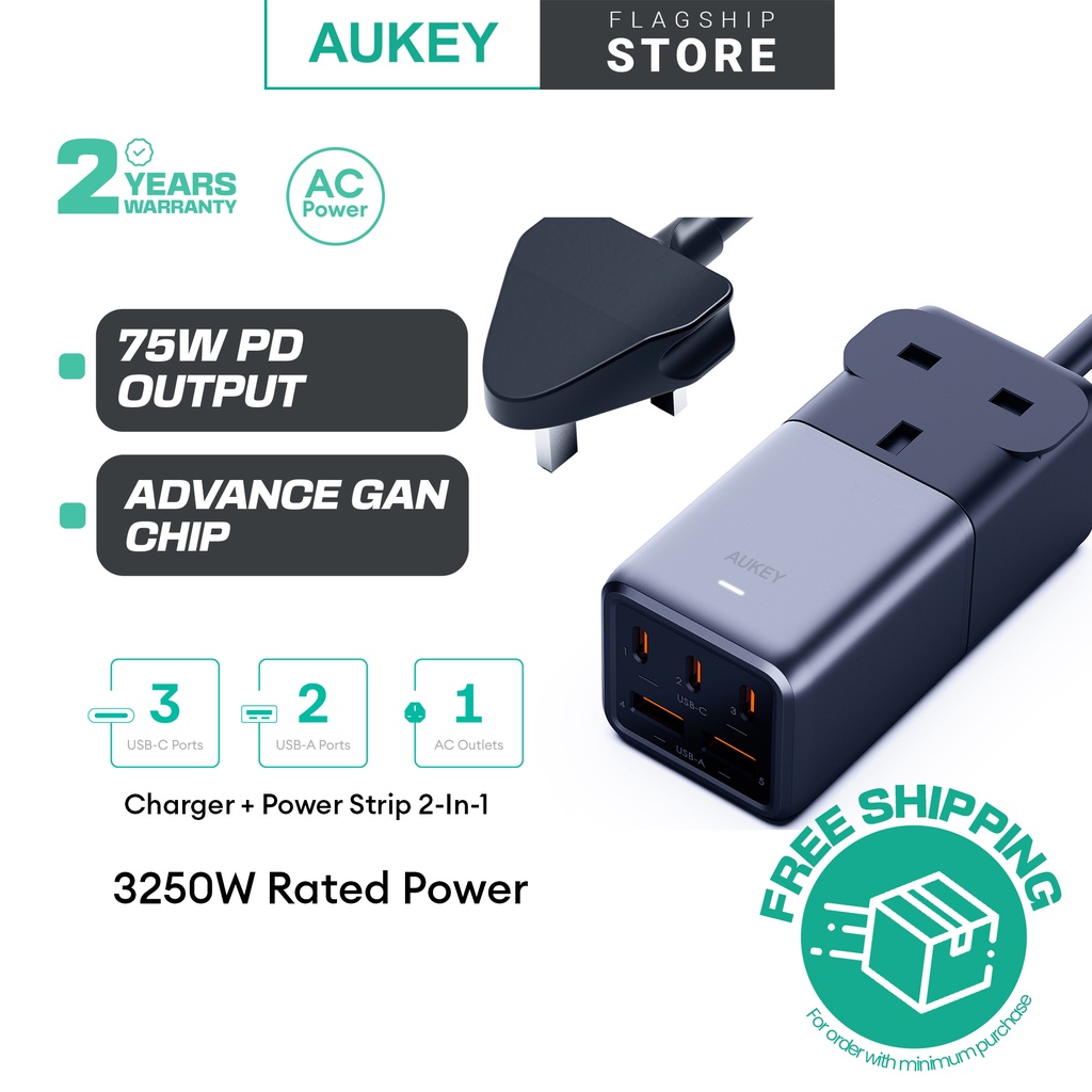 Aukey PU-A3 75W PowerHub With 1 AC Outlets & 5 USB Ports Power Strip ...