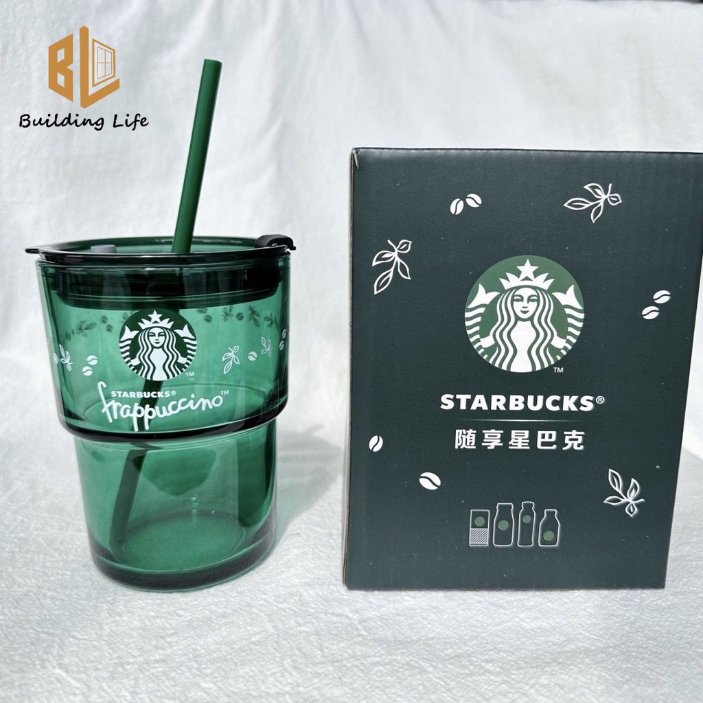 Starbucks Water Cup with Straw Glass Retro Dark Green Coffee Cup 420ml ...