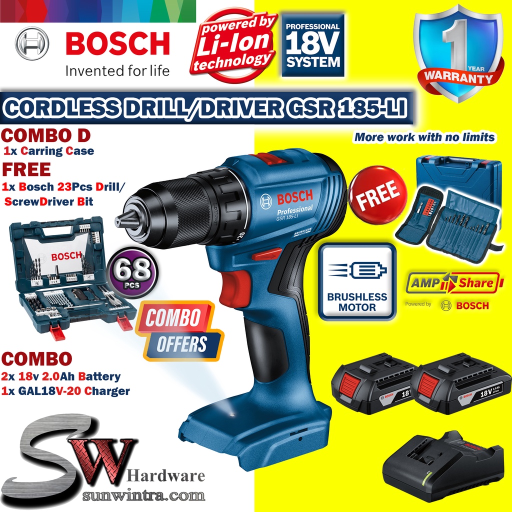 COMBO BOSCH GSR185 18V CORDLESS DRILL/DRIVER,68PCS V-LINE SET,**SOLO or ...