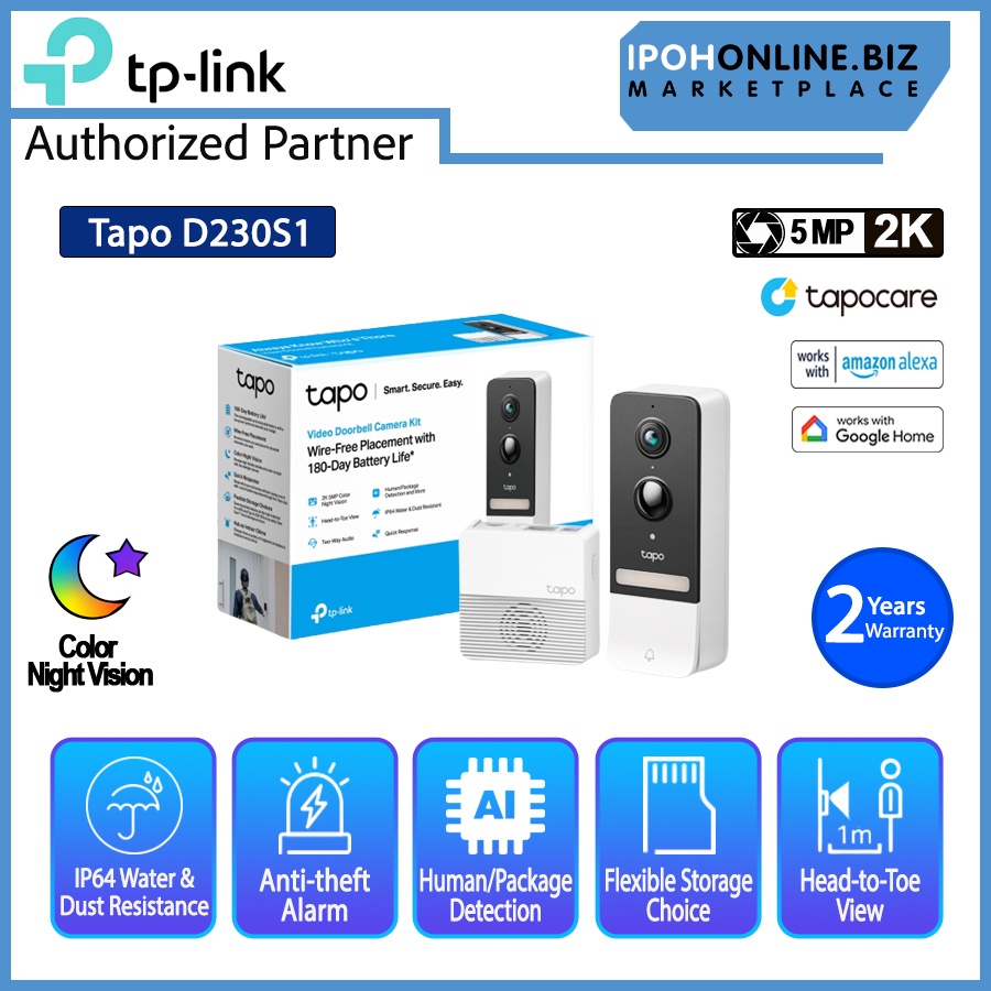 TP-Link Tapo D230S1 2K 5MP Color Night Vision IP64 Smart Battery Video Doorbell Camera Kit ...