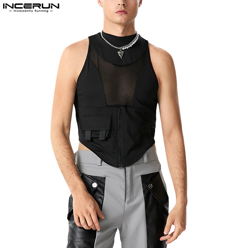 INCERUN Men Vintage Mesh Patchwork Deconstructed Design Shoulder Tanks ...