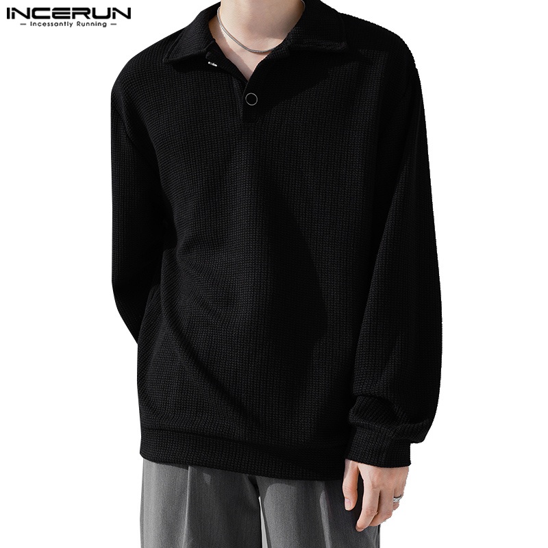 INCERUN Men's Simple and Premium Waffle Polo Collar Long Sleeve Shirt ...