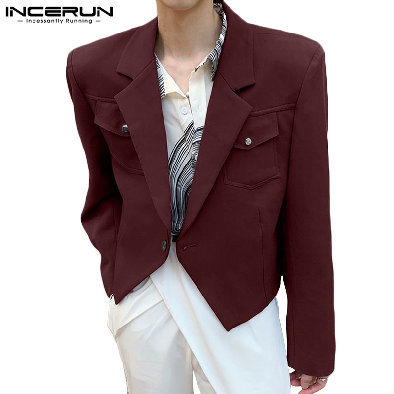 INCERUN men's retro three-dimensional cutting design short sleeved suit ...