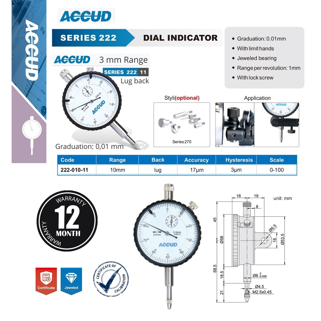 Accud 10 x 0.01mm Dial Indicator Lug Back (Series 222) | Shopee Malaysia