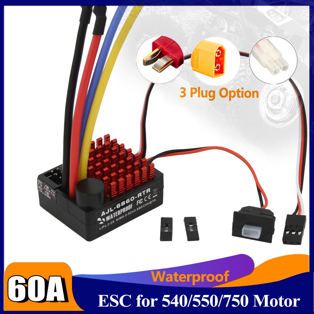Waterproof 60A Brushed ESC 6V/3A BEC Built-in 3 Modes 540/550/750 ...