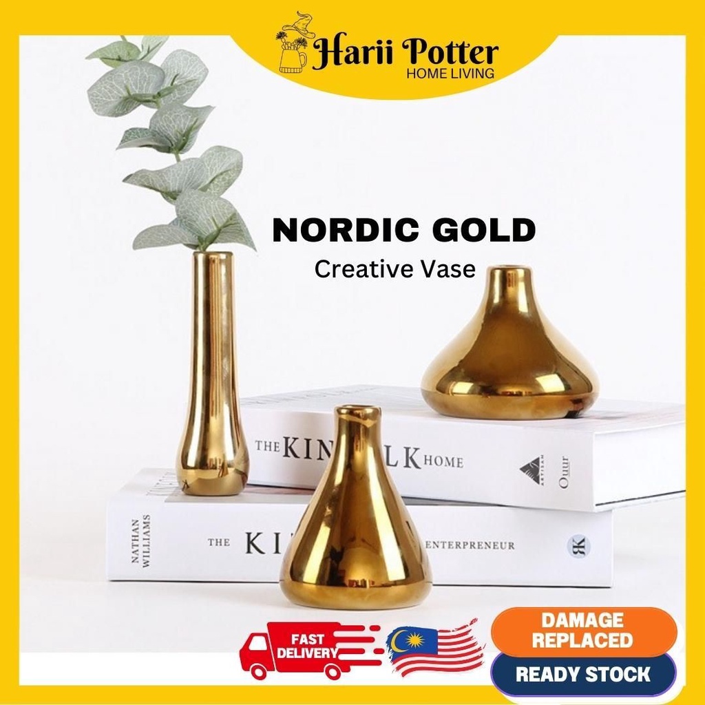 Aesthetic Nordic Ceramic Gold Vase Flower Vase Decoration Pasu Ceramic ...