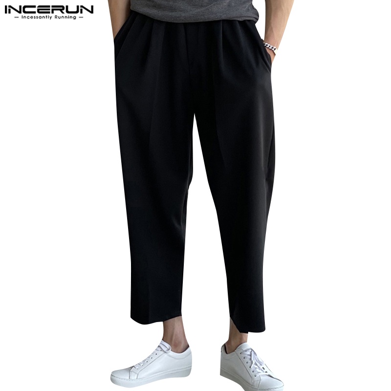 INCERUN Men Korean Fashion Solid Color Elastic Waist Wide-Leg Pants ...