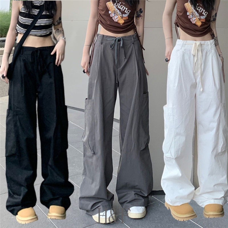 New Women Casual Streetwear Cargo Pants Baggy Wide Leg Straight Long ...