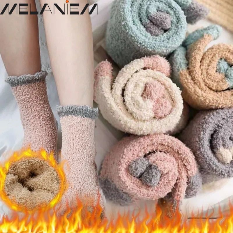 Autumn Winter Thicken Coral Velvet Socks Simple Solid Color Soft