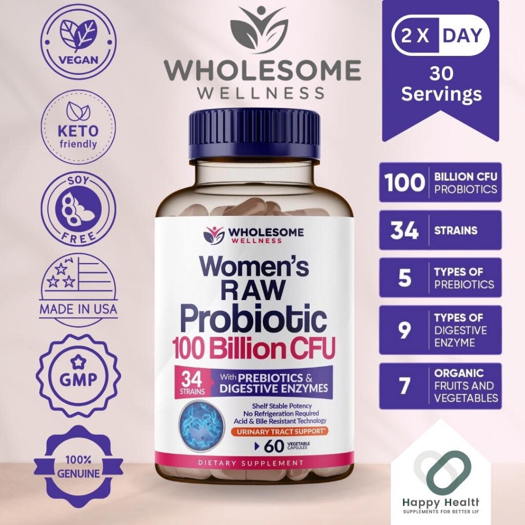 Wholesome Wellness Women's Raw Probiotics 100 Billion CFU 34 Strains with Prebiotics (60 ...