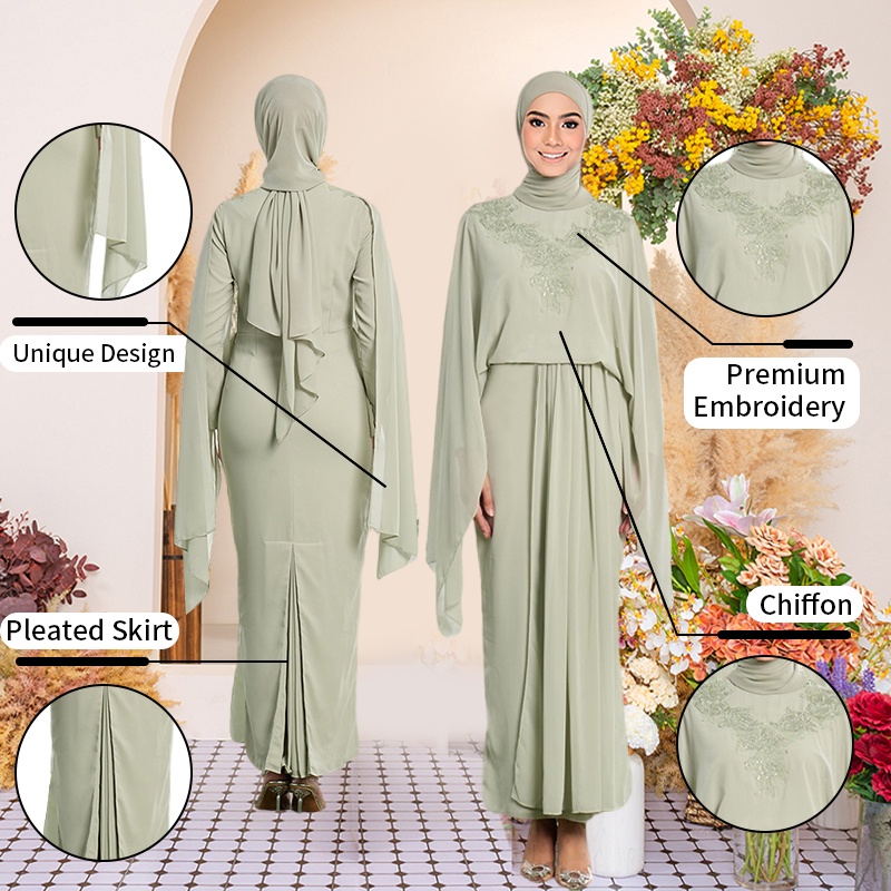 KATRINA DRESS Jubah Abaya Sulam Pleated Long Dress Ironless Abaya Dress ...
