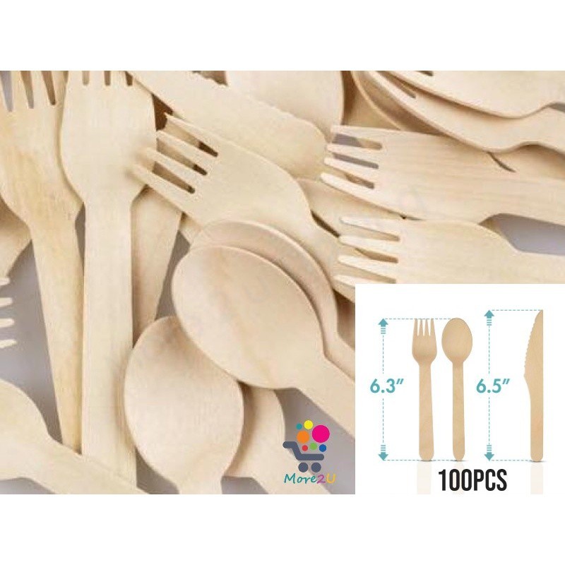 [100pcs] Wooden Biodegradable Cultery Spoon Fork Knife/ Sudu / Garpi ...