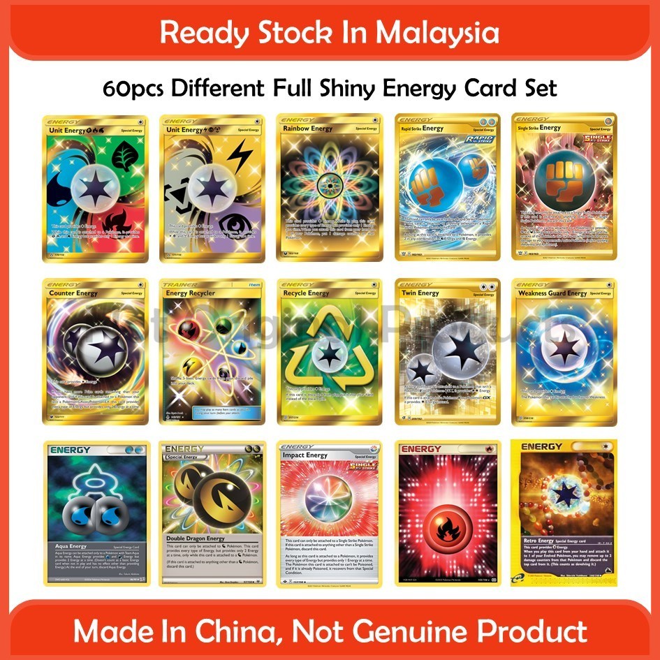 60pcs Different Full Shiny Pokemon Energy Trading Shine Card Collection ...