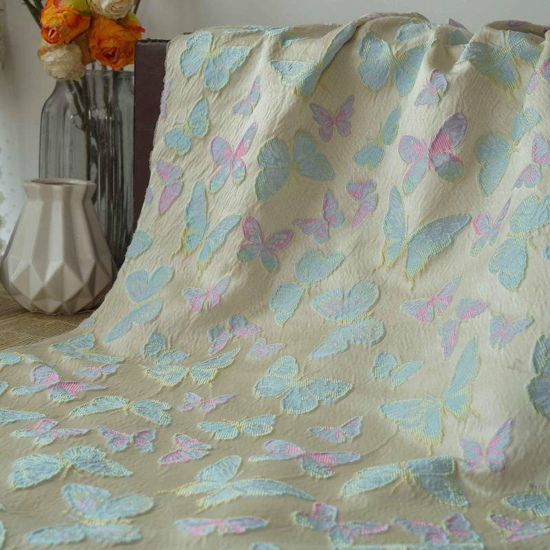 [1 Meter]Small Butterfly Color Jacquard Fabric Floral Texture Kain ...