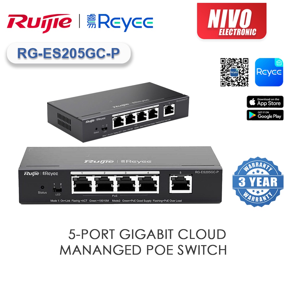 REYEE RUIJIE RG-ES205GC-P 5-PORT GIGABIT CLOUD MANAGED POE+ SWITCH ...