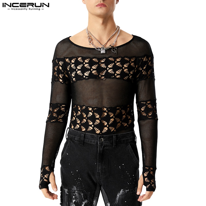 INCERUN Men Sexy Style Mesh Cutout Patchwork Long Sleeve Triangle ...