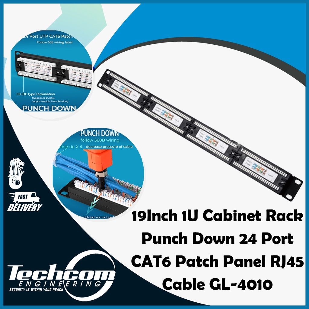 19Inch 1U Cabinet Rack Punch Down 24 Port CAT6 Patch Panel RJ45 Cable ...