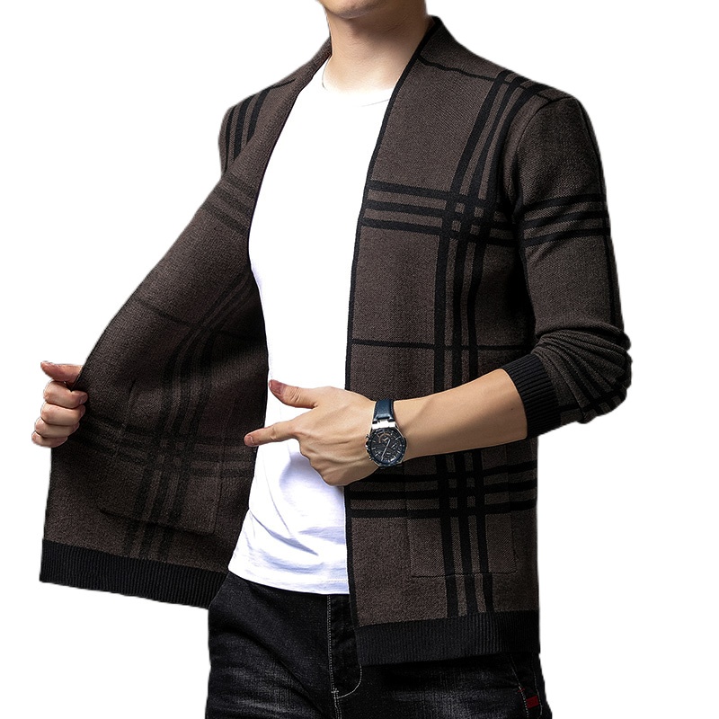 【cardigan】Men's Knitted Cardigan Stripe Straight Print Warm Pocket ...