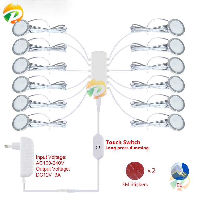 LED Under Cabinet Lamp DC12V Touch Switch Control Dimmable Puck Round ...