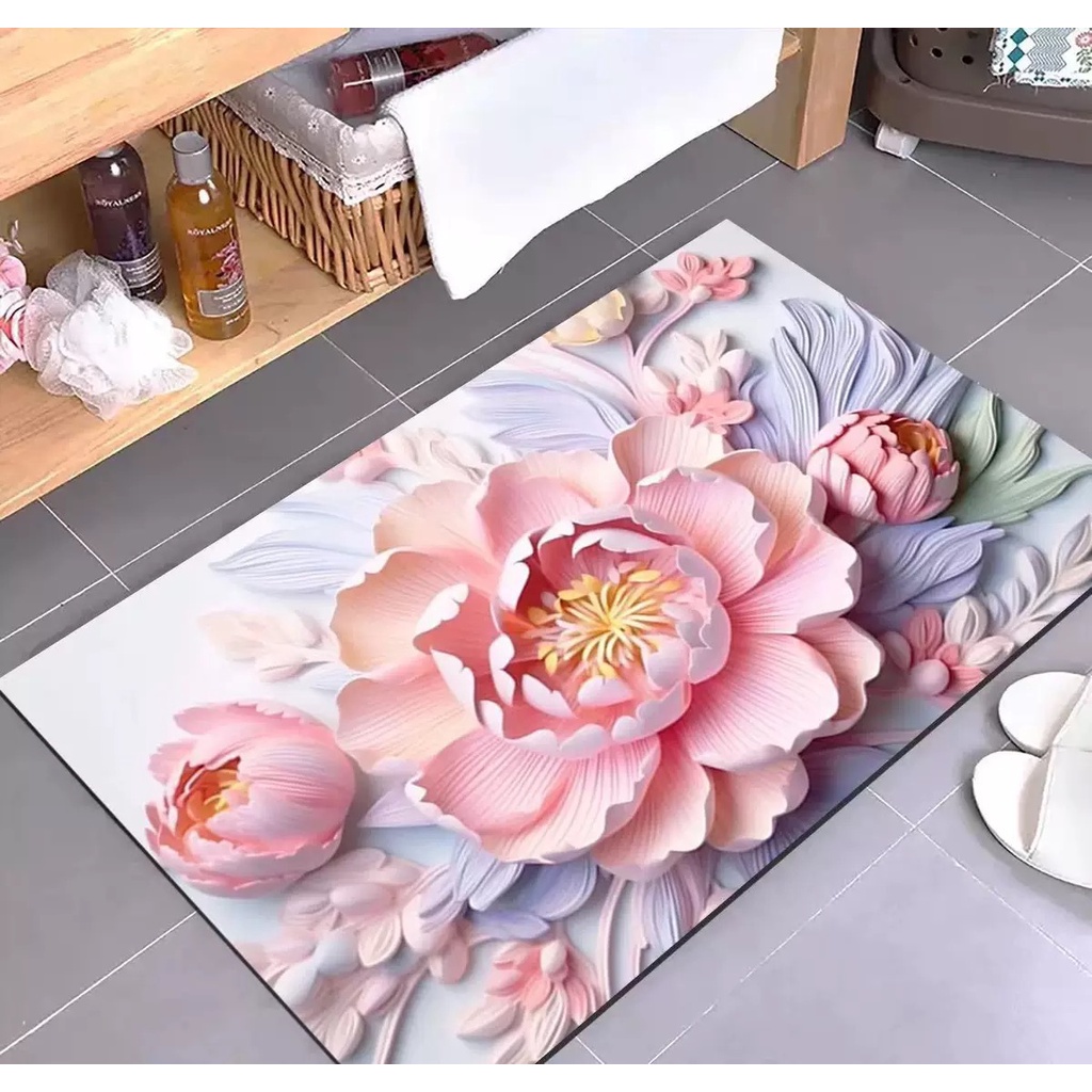 3D Flowers Absorbent Bathroom Diatom Mud Mat Non-Slip Toilet Quick ...