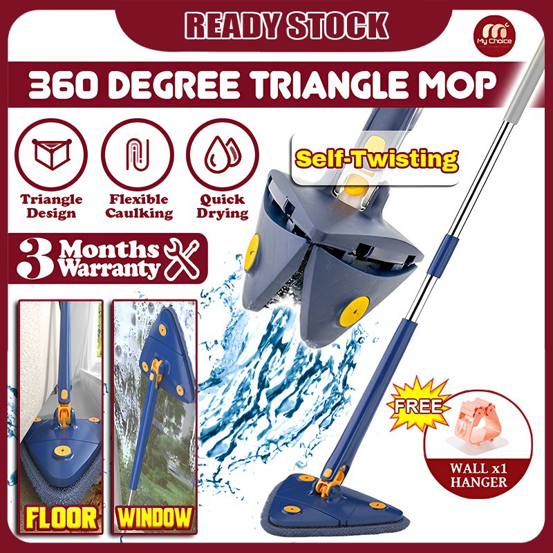 Triangle Mop With Free Wall Hanger 360°Rotatable Hands Free Squeeze For ...