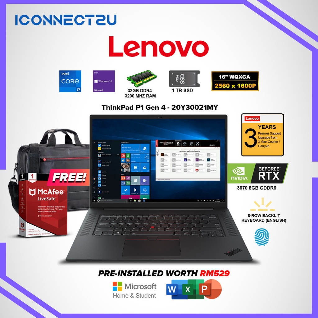 Lenovo 16" ThinkPad P1 Gen 4 i7-11850H RTX3070 WQXGA IPS 100% sRGB 32GB ...