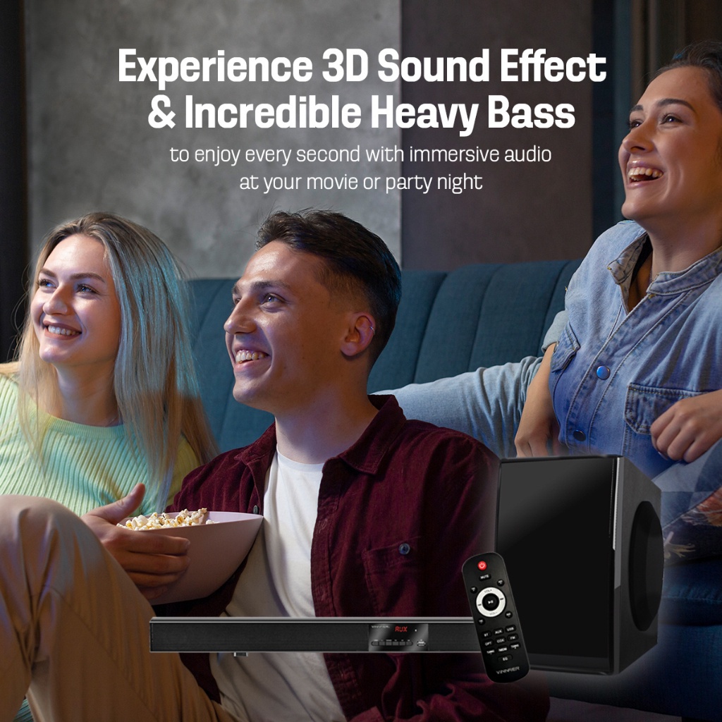 Vinnfier HyperBar 300 BTU Bluetooth SoundBar with Subwoofer 3D Effect ...