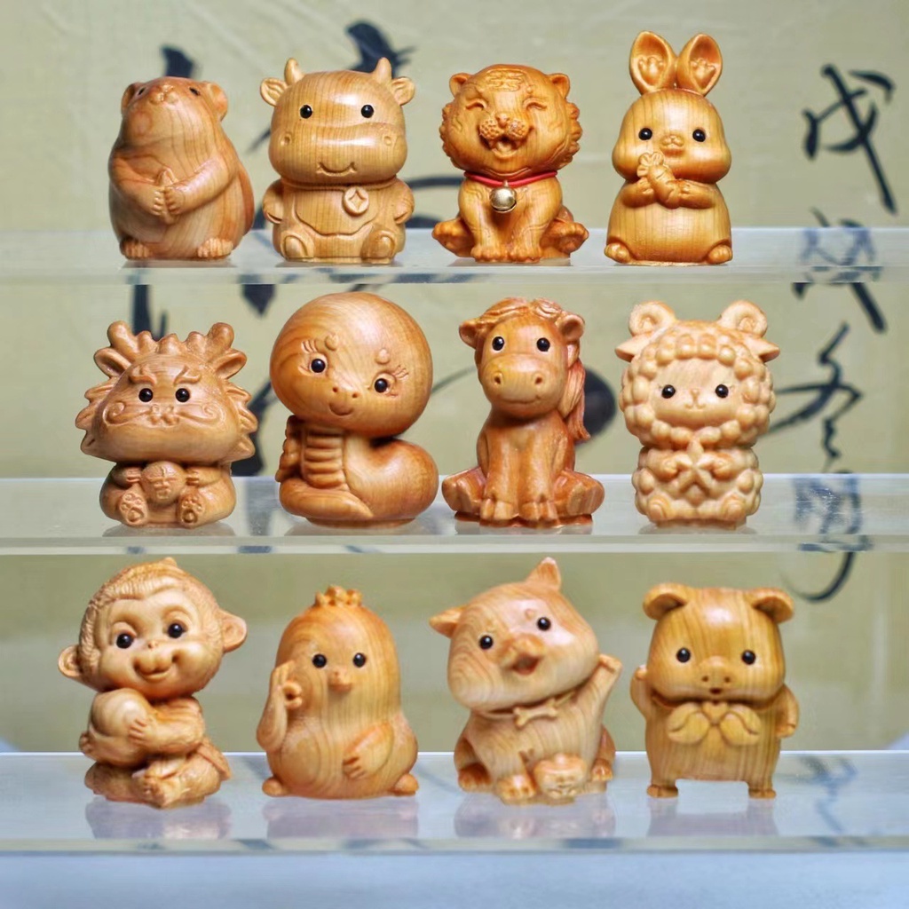 Yaba Wood Carving Zodiac Ornaments Rat Ox Tiger Rabbit Dragon Snake ...
