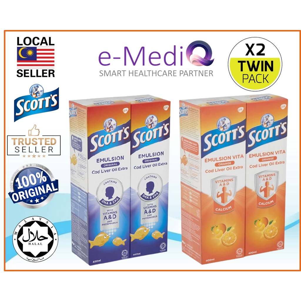 SCOTTs Emulsion Cod Liver Oil (400ml x 2 bottles) Or (200ml x 1 Btl) - Original/Orange Flavour ...
