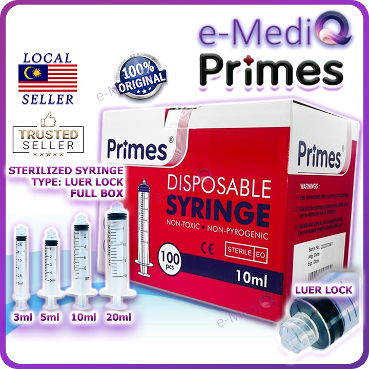 PRIMES [FULL BOX LUER LOCK] Disposable Sterilized Syringe (3ml / 5ml ...