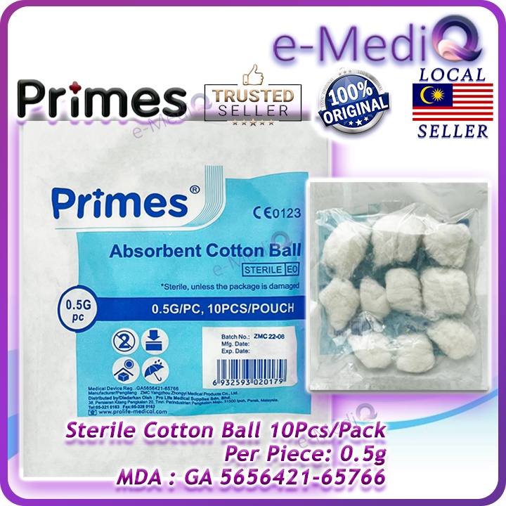 Sterilized Absorbent Cotton Ball [PRIMES] 10pcs/Packet 0.5gm [Medical ...