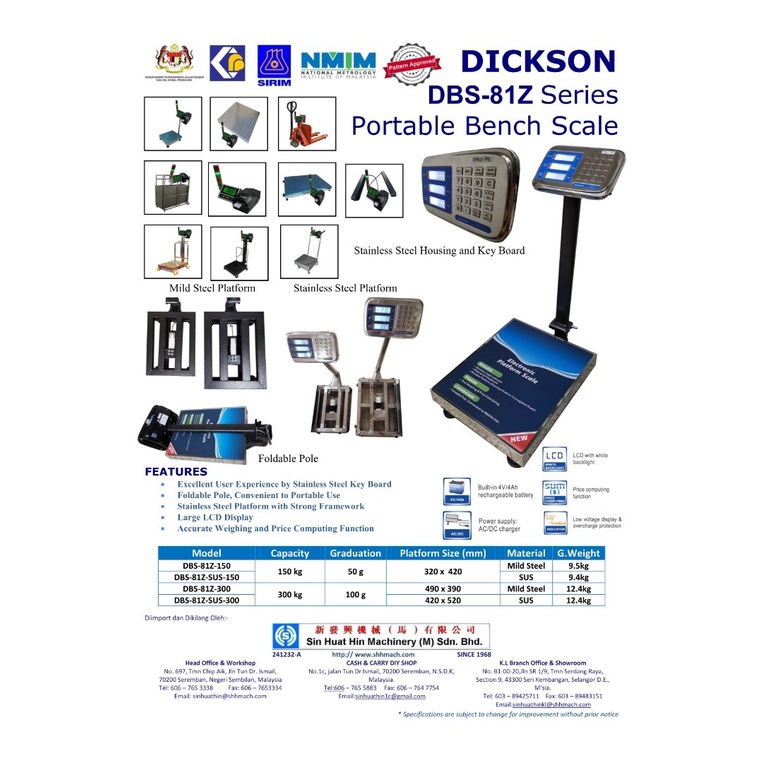 DICKSON DBS-81Z-SUS 150kg & 300kg Series Stainless Steel Pricing Bench ...