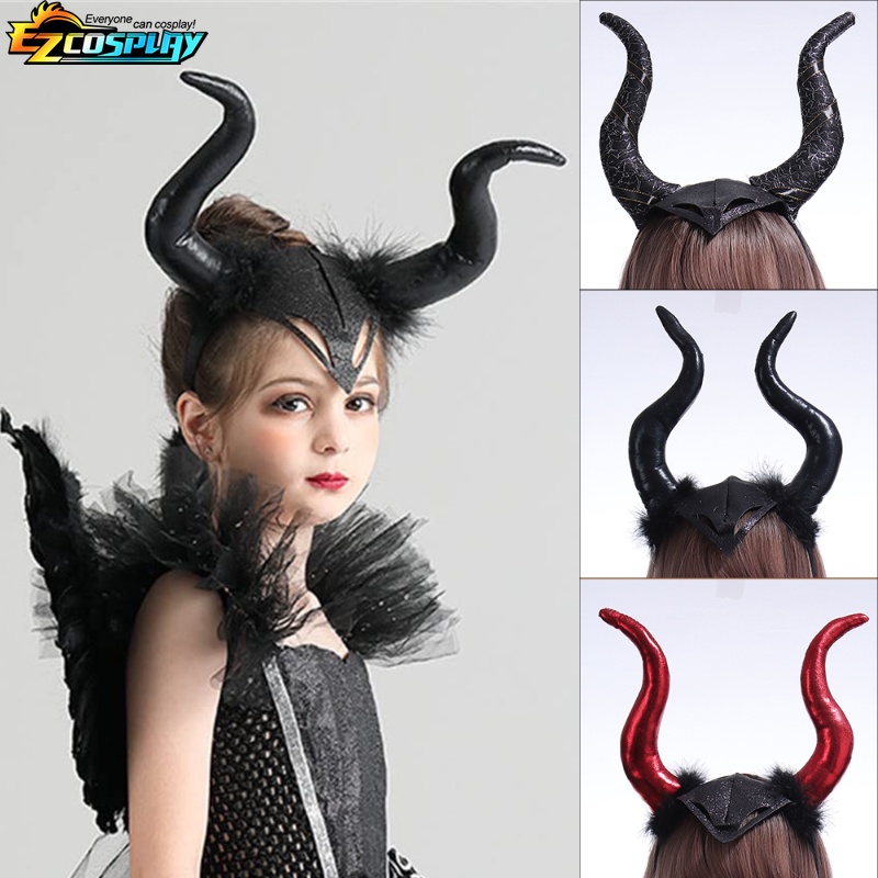 Women Kids Black Queen Demon Long Ox Horns Headwear Cosplay Evil Witch ...