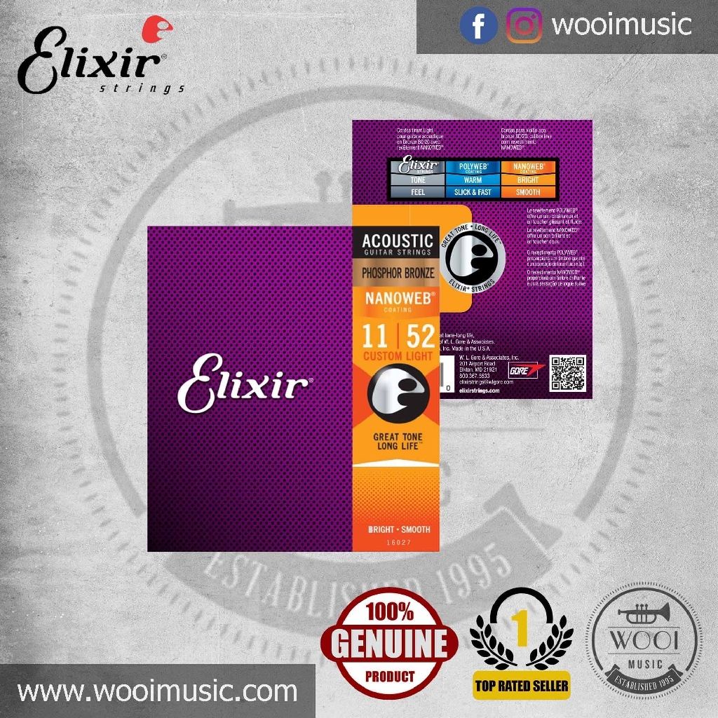 Elixir 16027 Custom Light Acoustic Guitar Strings Phosphor Bronze With ...