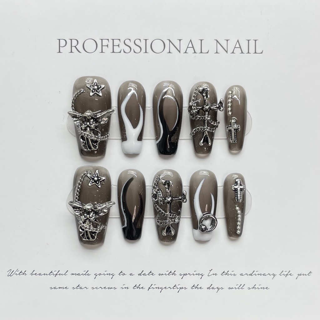【HANDMADE】Artificial Nail Dark Heavy Metal Black And White Flame Cool ...